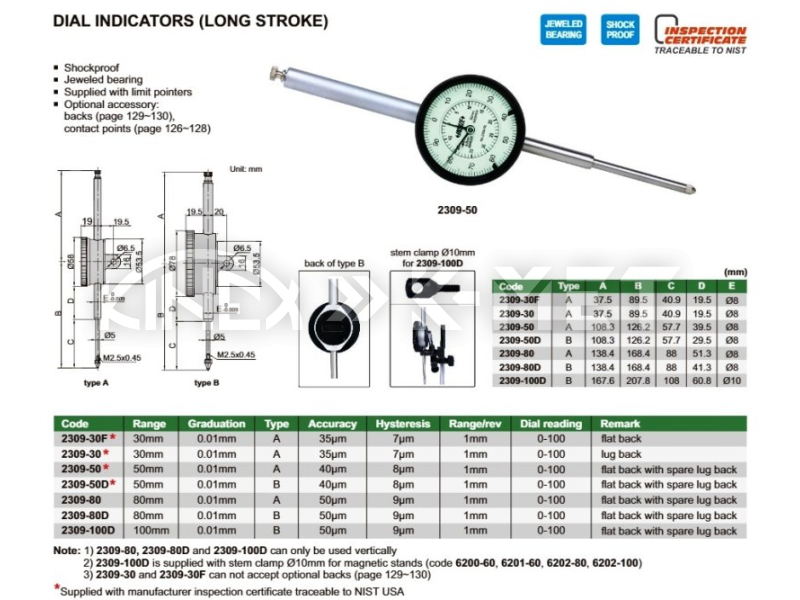 Dial Indicator INSIZE, flat back with spare lug back 80mm/0,01mm (2309 ...