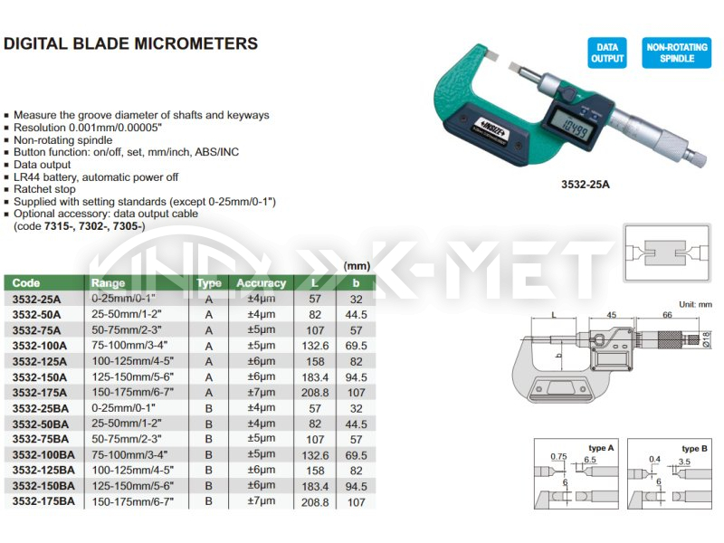 Digital Blade Micrometer INSIZE 0-25mm/0.001mm/Type B (3532-25BA) | Measuring tools KINEX